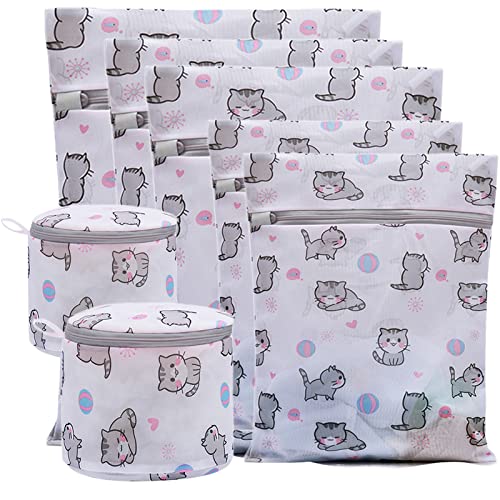 Xducom Mesh Laundry Bags,Set of 7 Delicate Laundry Bag for Washing Machine,Clothing Washing Bags with cat Prints,Garment Bags for Laundry,Lingerie Bag,Travel Storage Organize Bag (CAT)