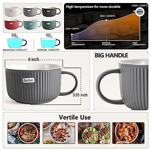 Artena 38 Ounce Soup Bowl with Handles, 6 inch Jumbo Soup Mug with Handles, Wide Large Cereal Bowl for Oatmeal, Gumbo, Salad, Oversized Grey Glazed Ceramic Soup Cup, Microwave & Oven Safe