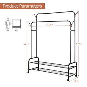 OYEAL Clothing Rack with Shelves Freestanding Garment Rack Clothing Rack on Wheels for Indoor Bedroom Hanging Clothes Hats and Shoes Black