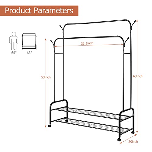 OYEAL Clothing Rack with Shelves Freestanding Garment Rack Clothing Rack on Wheels for Indoor Bedroom Hanging Clothes Hats and Shoes Black