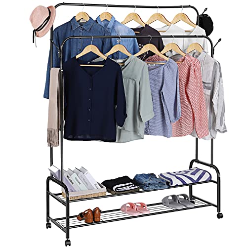 OYEAL Clothing Rack with Shelves Freestanding Garment Rack Clothing Rack on Wheels for Indoor Bedroom Hanging Clothes Hats and Shoes Black