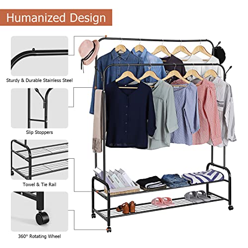 OYEAL Clothing Rack with Shelves Freestanding Garment Rack Clothing Rack on Wheels for Indoor Bedroom Hanging Clothes Hats and Shoes Black