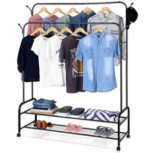 OYEAL Clothing Rack with Shelves Freestanding Garment Rack Clothing Rack on Wheels for Indoor Bedroom Hanging Clothes Hats and Shoes Black