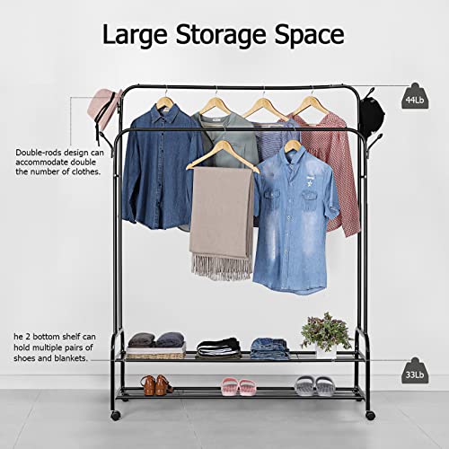 OYEAL Clothing Rack with Shelves Freestanding Garment Rack Clothing Rack on Wheels for Indoor Bedroom Hanging Clothes Hats and Shoes Black