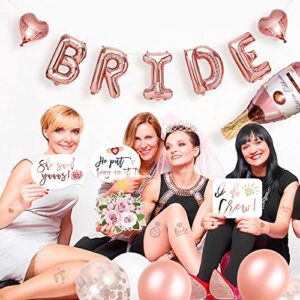 MOVINPE Bachelorette Party Decorations, Bride to Be Sash, Veil, Rhinestone Tiara, Dare Cards, Photo Booth Props, Foil Curtains, Champagne Ring Balloon, Tattoos, Rose Gold Bridal Shower Party Supplies Decor