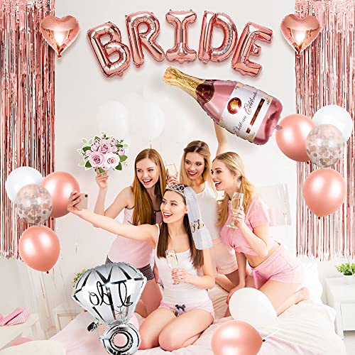 MOVINPE Bachelorette Party Decorations, Bride to Be Sash, Veil, Rhinestone Tiara, Dare Cards, Photo Booth Props, Foil Curtains, Champagne Ring Balloon, Tattoos, Rose Gold Bridal Shower Party Supplies Decor