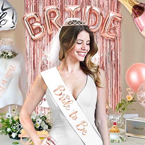 MOVINPE Bachelorette Party Decorations, Bride to Be Sash, Veil, Rhinestone Tiara, Dare Cards, Photo Booth Props, Foil Curtains, Champagne Ring Balloon, Tattoos, Rose Gold Bridal Shower Party Supplies Decor