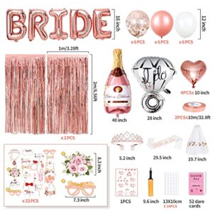 MOVINPE Bachelorette Party Decorations, Bride to Be Sash, Veil, Rhinestone Tiara, Dare Cards, Photo Booth Props, Foil Curtains, Champagne Ring Balloon, Tattoos, Rose Gold Bridal Shower Party Supplies Decor