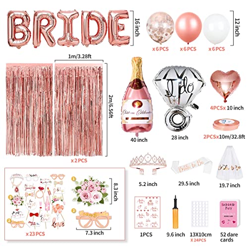 MOVINPE Bachelorette Party Decorations, Bride to Be Sash, Veil, Rhinestone Tiara, Dare Cards, Photo Booth Props, Foil Curtains, Champagne Ring Balloon, Tattoos, Rose Gold Bridal Shower Party Supplies Decor