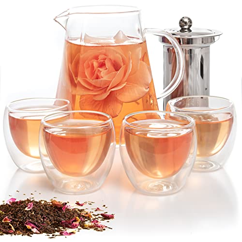 Mixpresso 5 Piece Glass Tea Pot Set, Kettle with Removable Infuser, Clear Glass Teapot 33oz With 4 Double Wall Cups 2.7oz Stovetop Safe Teapot For Loose Leaf Tea, Perfct As Tea Gift Sets.