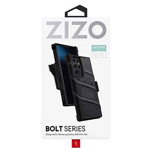 ZIZO Bolt Bundle for Galaxy S22 Ultra Case with Screen Protector Kickstand Holster Lanyard - Black