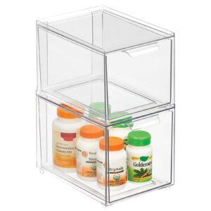 mdesign plastic stackable bathroom storage with pull out bin organizer drawer for cabinet, vanity, shelf, cupboard, cabinet, or closet organization - lumiere collection - 2 pack - clear