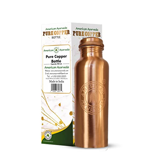 A American Ayurveda 100% Pure Copper Water Bottles Joint Free, Leak Proof, Tumbler, Flask, Yoga, Health Benefits, Natural Ayurvedic Alkaline Water with Water Temperature Indicator (600ml (20Oz))