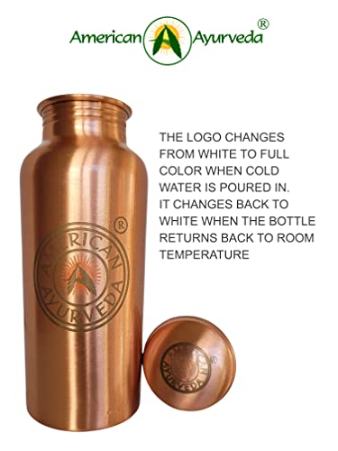 A American Ayurveda 100% Pure Copper Water Bottles Joint Free, Leak Proof, Tumbler, Flask, Yoga, Health Benefits, Natural Ayurvedic Alkaline Water with Water Temperature Indicator (600ml (20Oz))