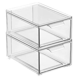 mDesign Plastic Stackable Bathroom Storage with Pull Out Bin Organizer Drawer for Cabinet, Vanity, Shelf, Cupboard, Cabinet, or Closet Organization - Lumiere Collection - 2 Pack - Clear