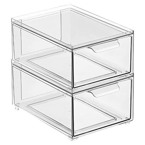 mDesign Plastic Stackable Bathroom Storage with Pull Out Bin Organizer Drawer for Cabinet, Vanity, Shelf, Cupboard, Cabinet, or Closet Organization - Lumiere Collection - 2 Pack - Clear