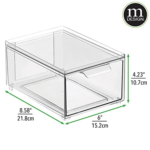 mDesign Plastic Stackable Bathroom Storage with Pull Out Bin Organizer Drawer for Cabinet, Vanity, Shelf, Cupboard, Cabinet, or Closet Organization - Lumiere Collection - 2 Pack - Clear