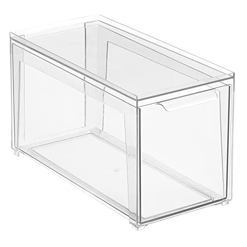 mDesign Plastic Stackable Bathroom Storage Organizer Bin Containers with Front Pull Drawer for Bathroom Countertop, Vanity, Closet Shelves - Holder for Beauty Accessories - Lumiere Collection - Clear