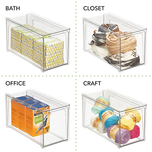 mDesign Plastic Stackable Bathroom Storage Organizer Bin Containers with Front Pull Drawer for Bathroom Countertop, Vanity, Closet Shelves - Holder for Beauty Accessories - Lumiere Collection - Clear