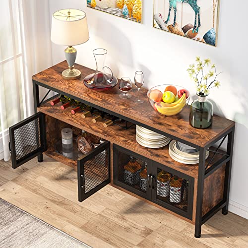 Tribesigns Buffets & Sideboards Buffet Table Bar Cabinet with 4 Mesh Doors, Farmhouse Buffet Cabinet Bar Sideboard with Storage Open Shelf, Wood Kitchen Buffet Storage Cabinet for Dining Room