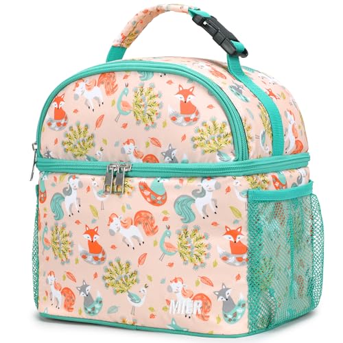 MIER Kids Lunch Bag for Boys Girls Insulated Toddlers Lunch Box Bags Kid Lunch Cooler Tote for School Picnic Travel Outdoor, Dual Compartments, Orange/Green-Unicorn/Fox