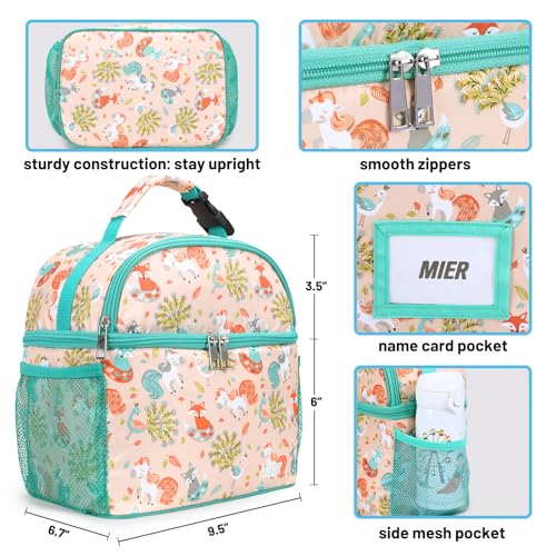 MIER Kids Lunch Bag for Boys Girls Insulated Toddlers Lunch Box Bags Kid Lunch Cooler Tote for School Picnic Travel Outdoor, Dual Compartments, Orange/Green-Unicorn/Fox