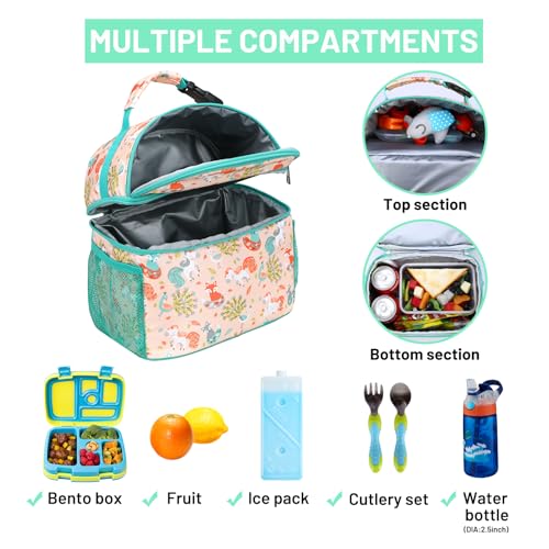 MIER Kids Lunch Bag for Boys Girls Insulated Toddlers Lunch Box Bags Kid Lunch Cooler Tote for School Picnic Travel Outdoor, Dual Compartments, Orange/Green-Unicorn/Fox