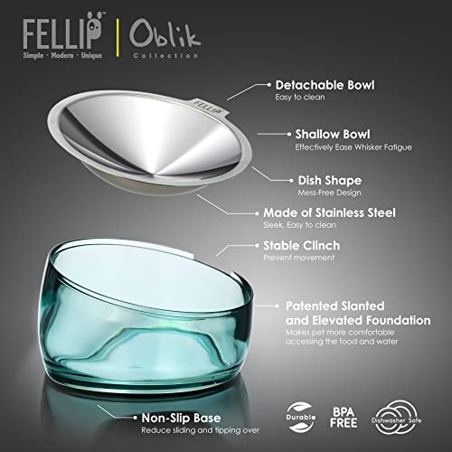 Felli Pet Oblik Whisker Fatigue Friendly Raised Cat Food Bowl Stainless Steel, Anti Vomiting Tilted Shallow Dish Easy Clean, Slanted Flat Metal Feeder Elevated Angled Spill Proof (0.5Cups, Classic)