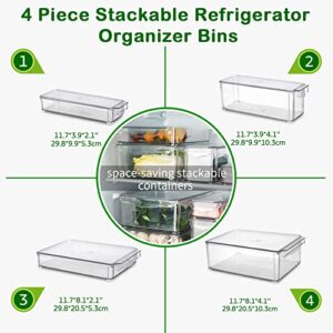 Refrigerator Organizer Bins with Lids 4 Pack,Stackable Clear Refrigerator Organizer For Fridge, Freezer, Kitchen Cabinet, Pantry Organization, Freezer Organizer Bins