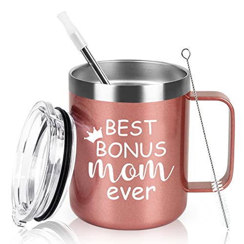 GINGPROUS Mother's Day Gifts for Mom, Best Bonus Mom Ever Birthday Gifts for Women Bonus Mom Mother New Mom to Be from Daughter Son, 12 Oz Insulated Stainless Steel Insulated Travel Mug, Rose Gold