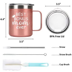 GINGPROUS Mother's Day Gifts for Mom, Best Bonus Mom Ever Birthday Gifts for Women Bonus Mom Mother New Mom to Be from Daughter Son, 12 Oz Insulated Stainless Steel Insulated Travel Mug, Rose Gold