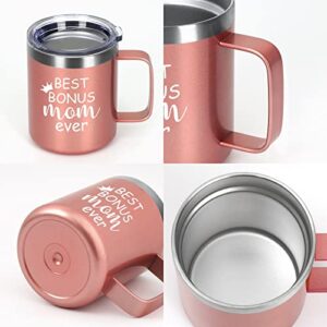 GINGPROUS Mother's Day Gifts for Mom, Best Bonus Mom Ever Birthday Gifts for Women Bonus Mom Mother New Mom to Be from Daughter Son, 12 Oz Insulated Stainless Steel Insulated Travel Mug, Rose Gold