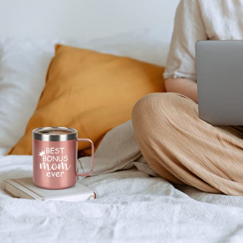 GINGPROUS Mother's Day Gifts for Mom, Best Bonus Mom Ever Birthday Gifts for Women Bonus Mom Mother New Mom to Be from Daughter Son, 12 Oz Insulated Stainless Steel Insulated Travel Mug, Rose Gold