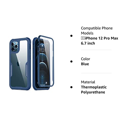 FUNMIKO iPhone 12 Pro Max Case,Clear Cover with Touch-Sensitive Built-in Screen Protector,Military Grade Pass 21ft. Drop Test Slim-fit Protective Phone Case for iPhone 12 Pro Max 6.7" Blue