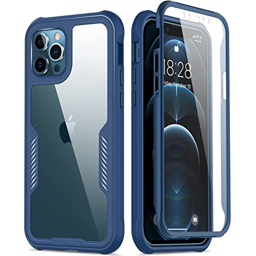 FUNMIKO iPhone 12 Pro Max Case,Clear Cover with Touch-Sensitive Built-in Screen Protector,Military Grade Pass 21ft. Drop Test Slim-fit Protective Phone Case for iPhone 12 Pro Max 6.7" Blue