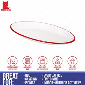 Red Co. Enamelware Metal Classic 13" Serving Oval Tray Platter, Solid White/Red Rim