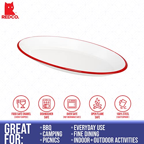 Red Co. Enamelware Metal Classic 13" Serving Oval Tray Platter, Solid White/Red Rim