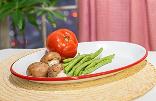 Red Co. Enamelware Metal Classic 13" Serving Oval Tray Platter, Solid White/Red Rim