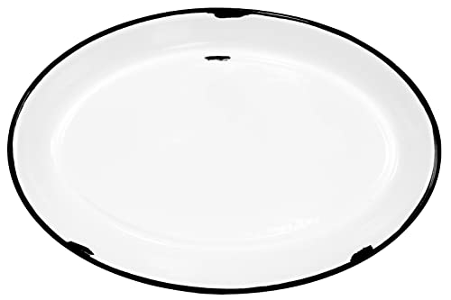 Red Co. Enamelware Metal Classic 13” Serving Oval Tray Platter, Distressed White/Black Rim