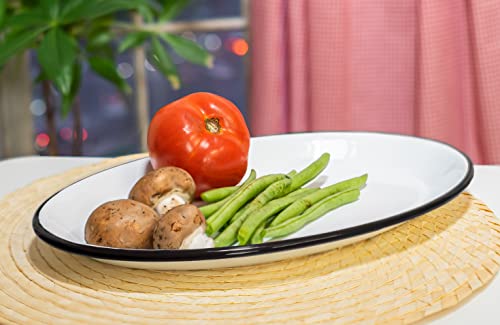 Red Co. Enamelware Metal Classic 13” Serving Oval Tray Platter, Distressed White/Black Rim