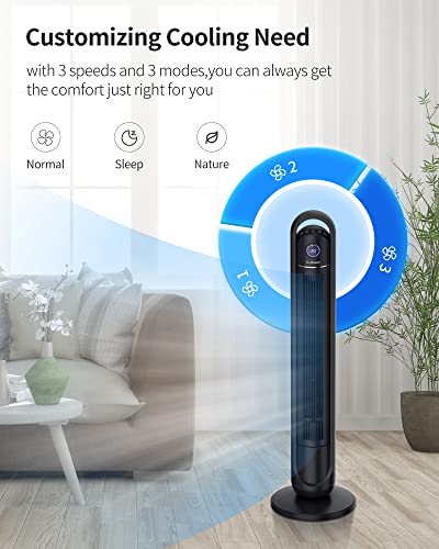 Tower Fan for Bedroom- 45" Oscillating Tower Fan with Remote, Bladeless Fans with 24H Timer, Cooling Fan, 3 Speeds, 3 Modes, LED Display, Standing Floor Fan for Bedroom Living Rooms Home Office, Black