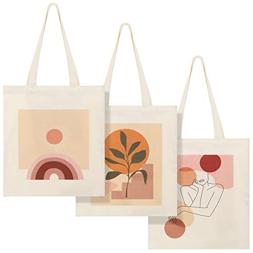 3 Pieces Boho Canvas Tote Bag Reusable Aesthetic Canvas Bag Minimalist Canvas Totes School Shoulder Bag for Girls Grocery Cute Shopping Bags Kitchen Reusable Grocery Bags for Women Girl Shopping