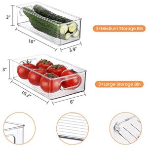 BS ONE Refrigerator Organizer Bins, Set Of 6 Stackable Fridge Organizers and Storage Clear, Two Size Plastic Storage Bins for Pantry, Kitchen Cabinets, Shelves, Drawer, Freezer