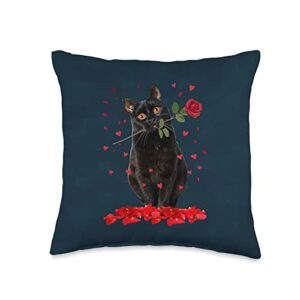 valentines day black cat with red rose black cat rose in mouth valentines day for girls boys teens throw pillow, 16x16, multicolor