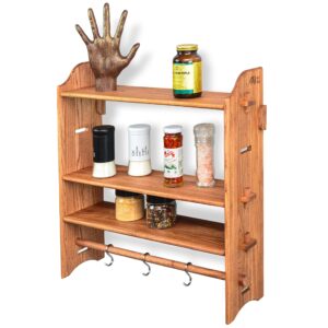 wood wedge, premium 3 tier spice rack, wooden holder for kitchen, bathroom, garage organizer made of europa 100% ash wood with metal hooks 3 tier shelf for storage 19.7"x19.7" teak color