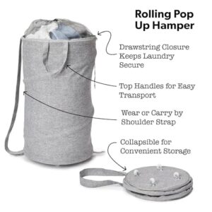 Pop Up Laundry Hamper Backpack Extra Large Round with Wheels, Shoulder Strap for Dorms, Apartments, Homes, and Travel