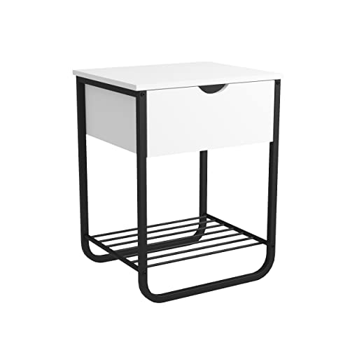 RAAMZO 2-Tier Nightstand End Table Side Table for Bedroom Bedside with 1-Drawer and Open Shelf, White and Black