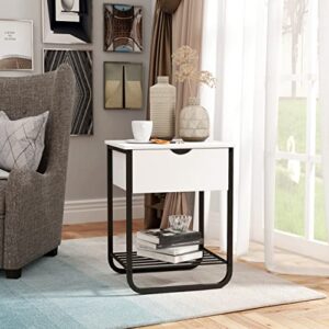 RAAMZO 2-Tier Nightstand End Table Side Table for Bedroom Bedside with 1-Drawer and Open Shelf, White and Black