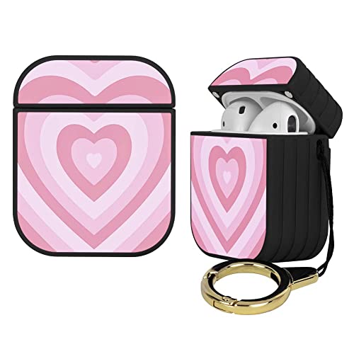 Illians OOK Case Compatible with Airpods 1&2 Magnetic Closure Full Body Protective Hard Plastic Airpods Case Pink Heart Design Wireless Charging Black Cover with Ring Key-Chain