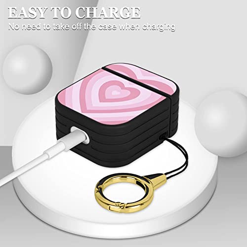 Illians OOK Case Compatible with Airpods 1&2 Magnetic Closure Full Body Protective Hard Plastic Airpods Case Pink Heart Design Wireless Charging Black Cover with Ring Key-Chain